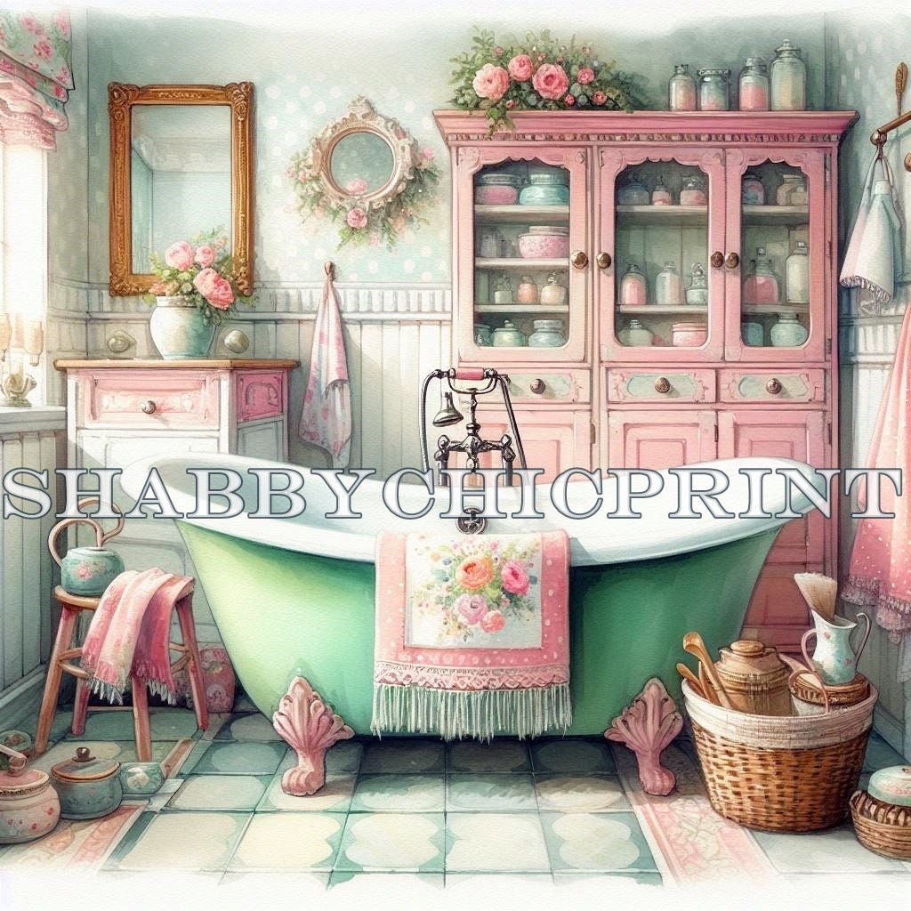 Shabby Chic Watercolor, Pink, Green, Retro Bathroom, Vintage Clipart ...