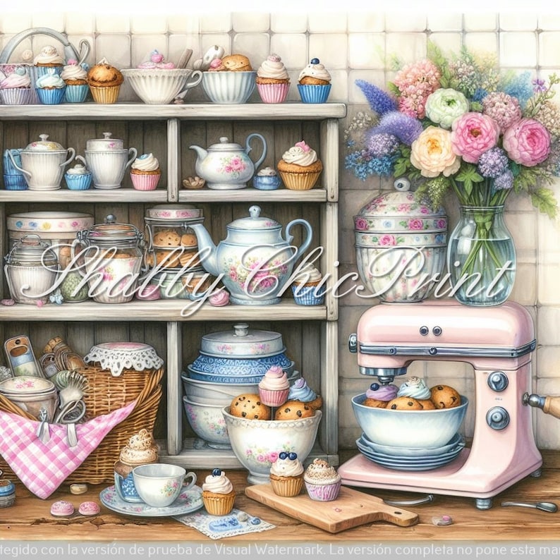 Shabby Chic Kitchen Cabinet Clipart Pack, Watercolor, Decoupage Crafts ...
