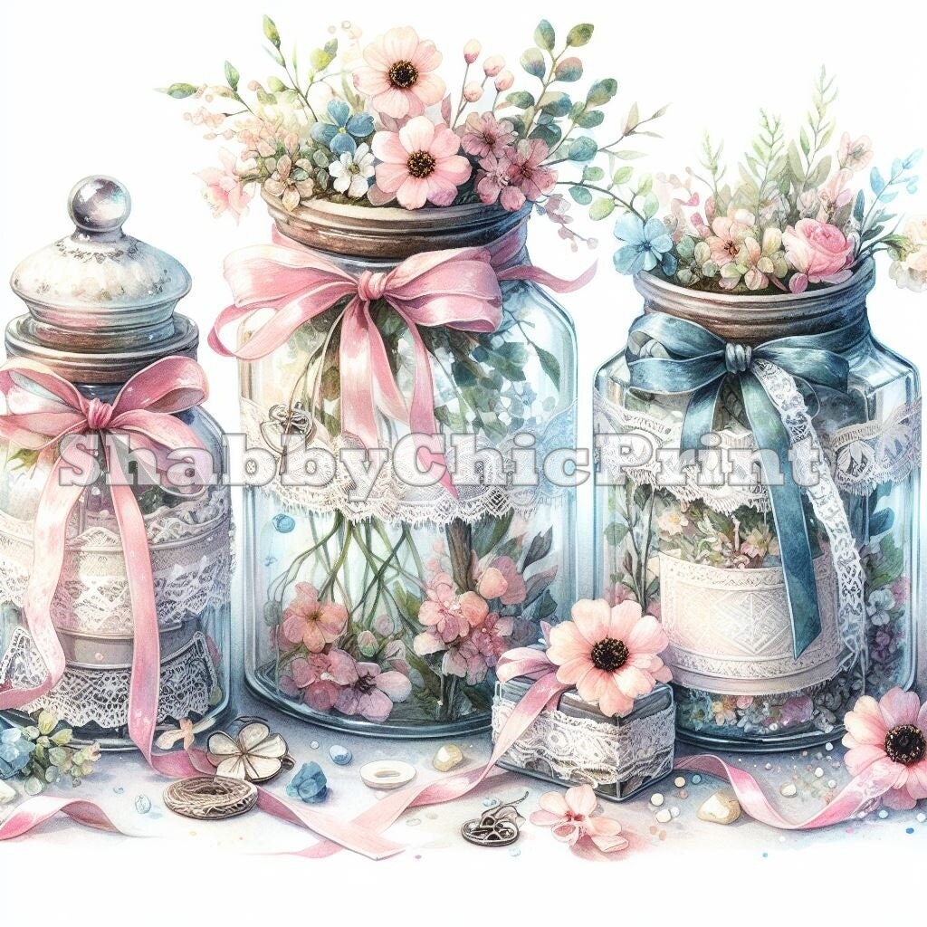 Shabby Chic Glass Jars, Printable Watercolor, Vintage Images, Aged Jars ...