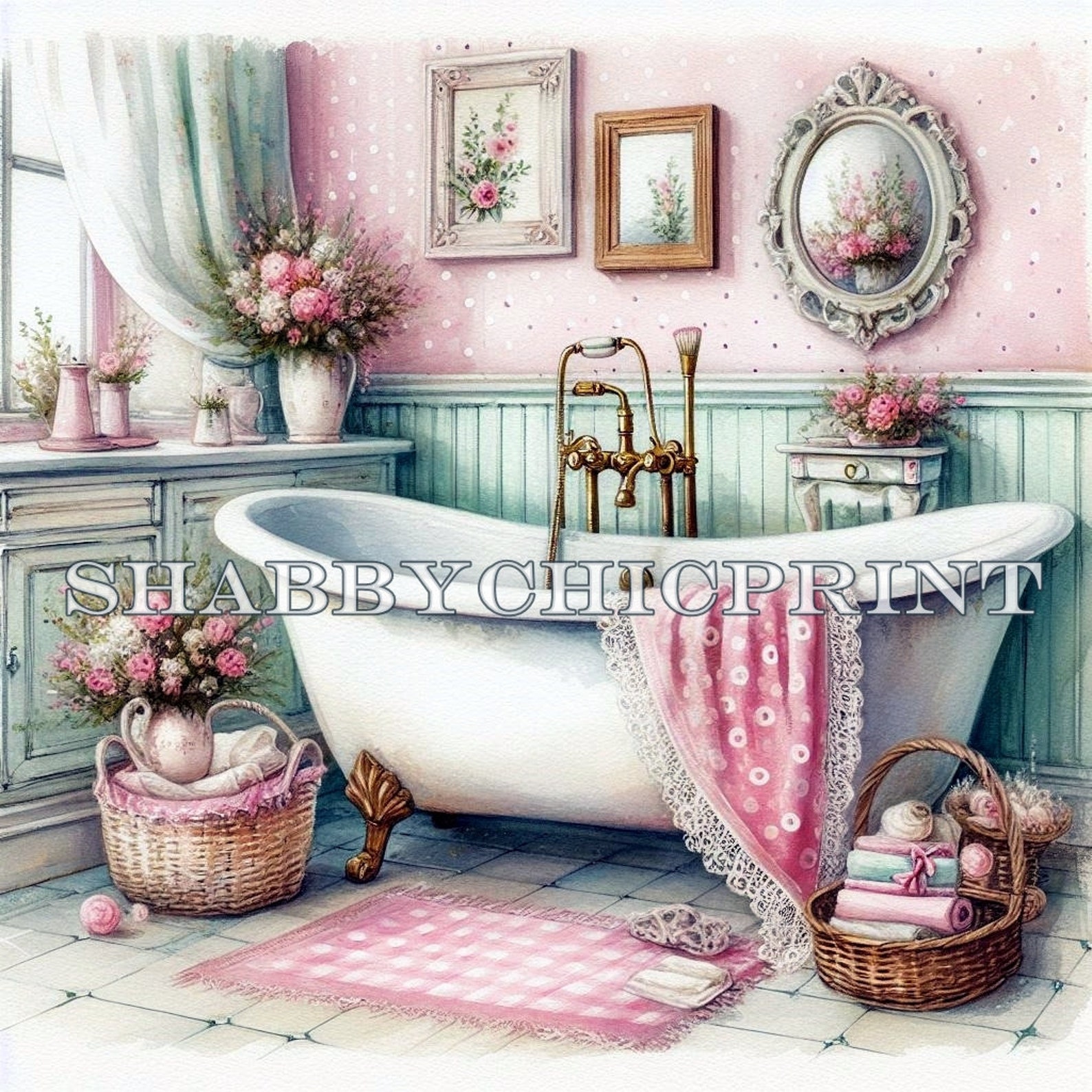 Shabby Chic Watercolor, Pink, Green, Retro Bathroom, Vintage Clipart ...