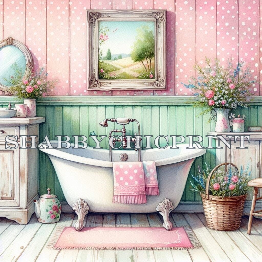 Shabby Chic Watercolor, Pink, Green, Retro Bathroom, Vintage Clipart ...
