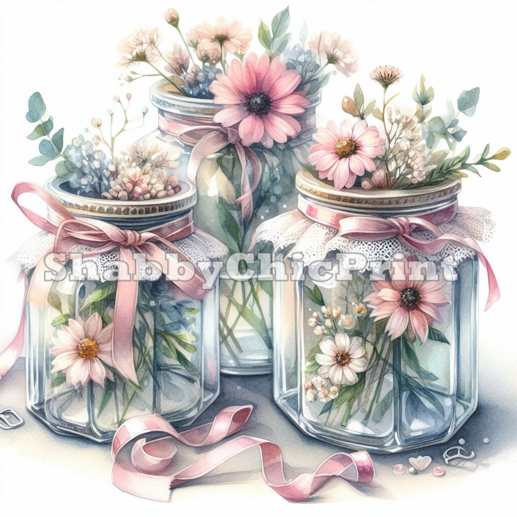Shabby Chic Glass Jars, Printable Watercolor, Vintage Images, Aged Jars ...