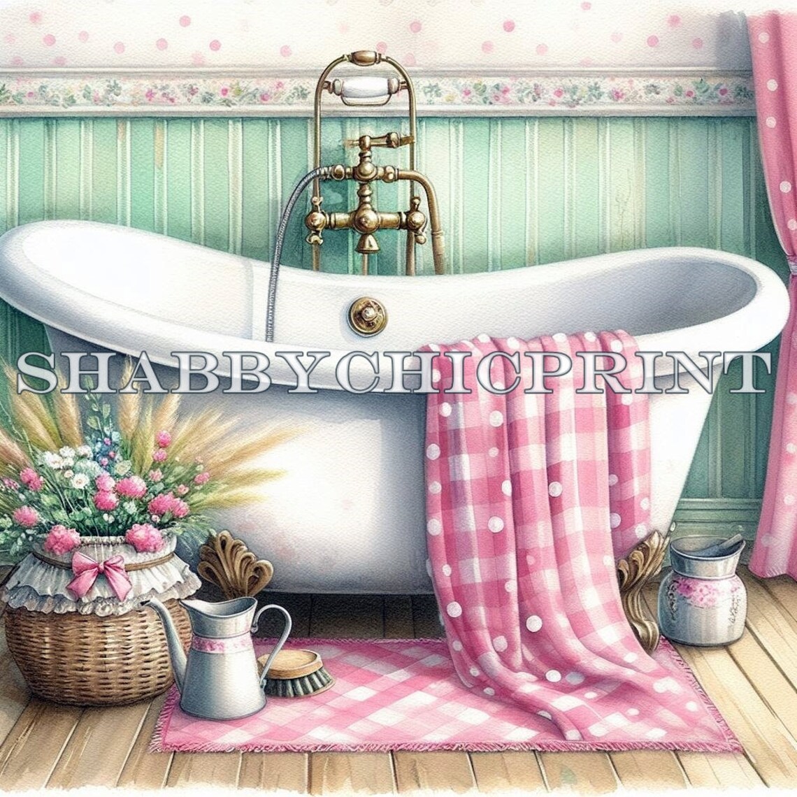 Shabby Chic Watercolor, Pink, Green, Retro Bathroom, Vintage Clipart ...