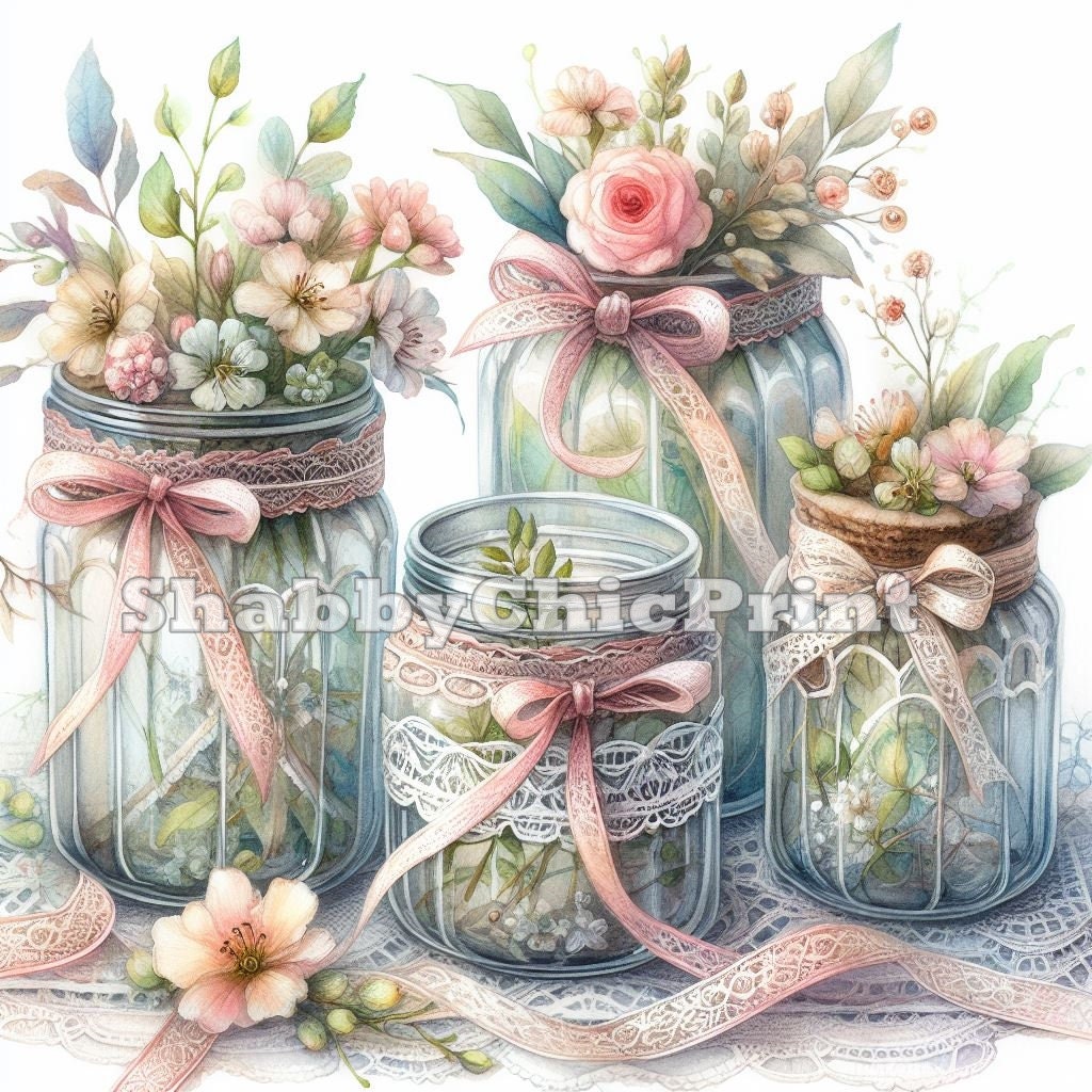 Shabby Chic Glass Jars, Printable Watercolor, Vintage Images, Aged Jars ...