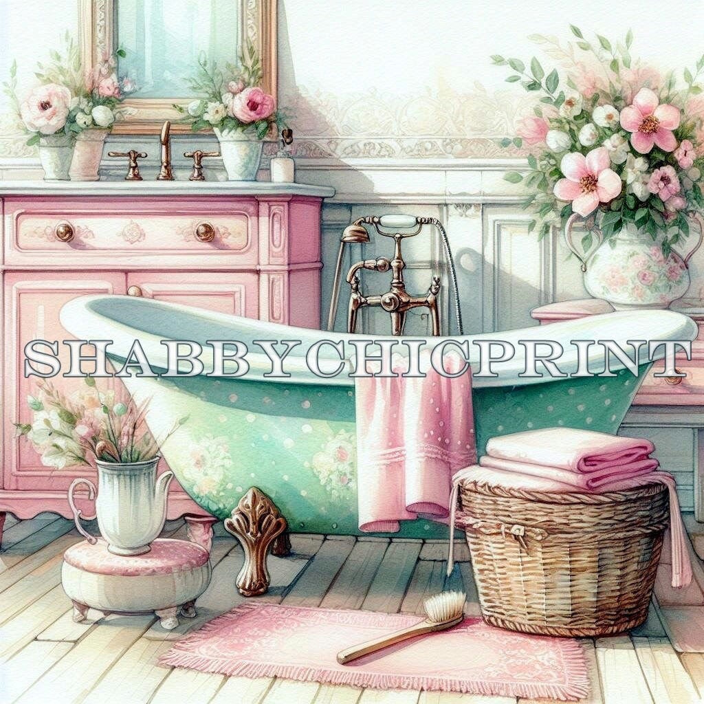 Shabby Chic Watercolor, Pink, Green, Retro Bathroom, Vintage Clipart ...