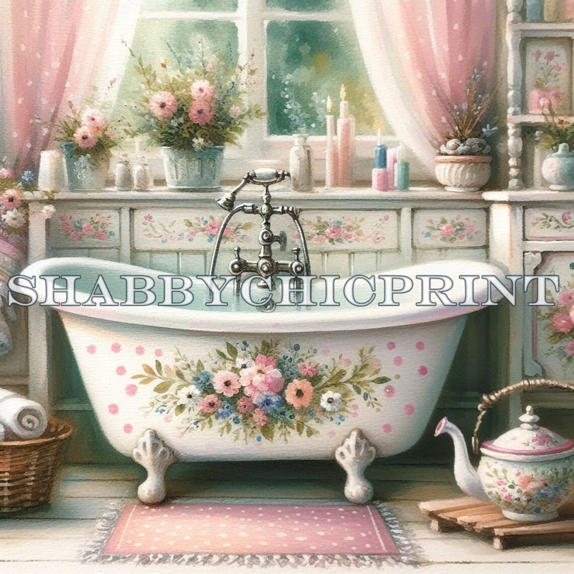 Shabby Chic Watercolor, Pink, Green, Retro Bathroom, Vintage Clipart ...