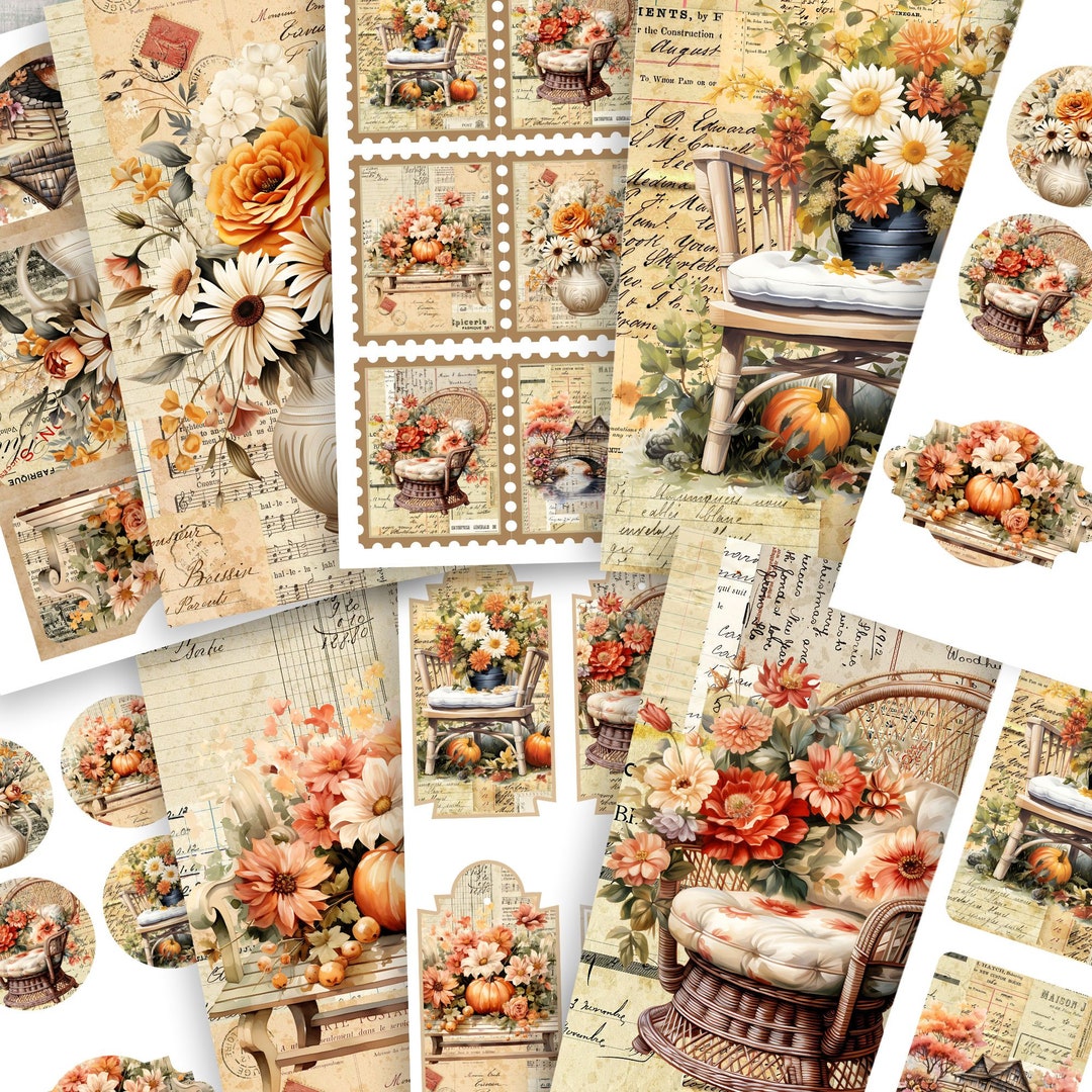 Vintage Autumn Junk Journal Kit – Fall Ephemera, Pumpkin Cards (digital ...