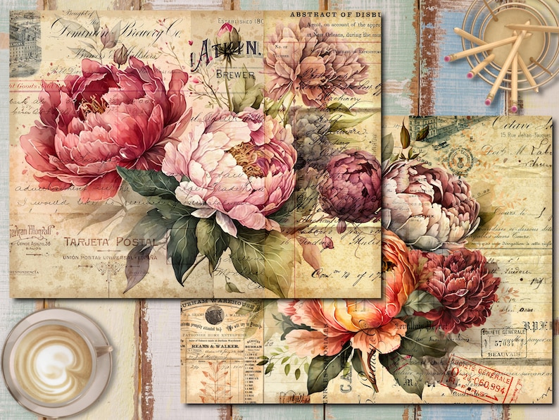 Vintage Peony Collage Papers: Junk Journal Printable (digital Download ...