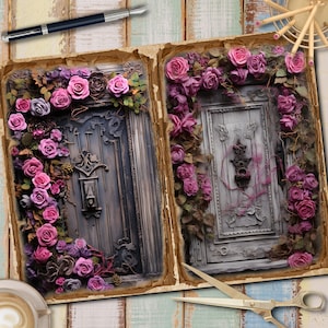 Junk Journal Printable, Wooden Doors With Magenta Roses, Journal Pages ...