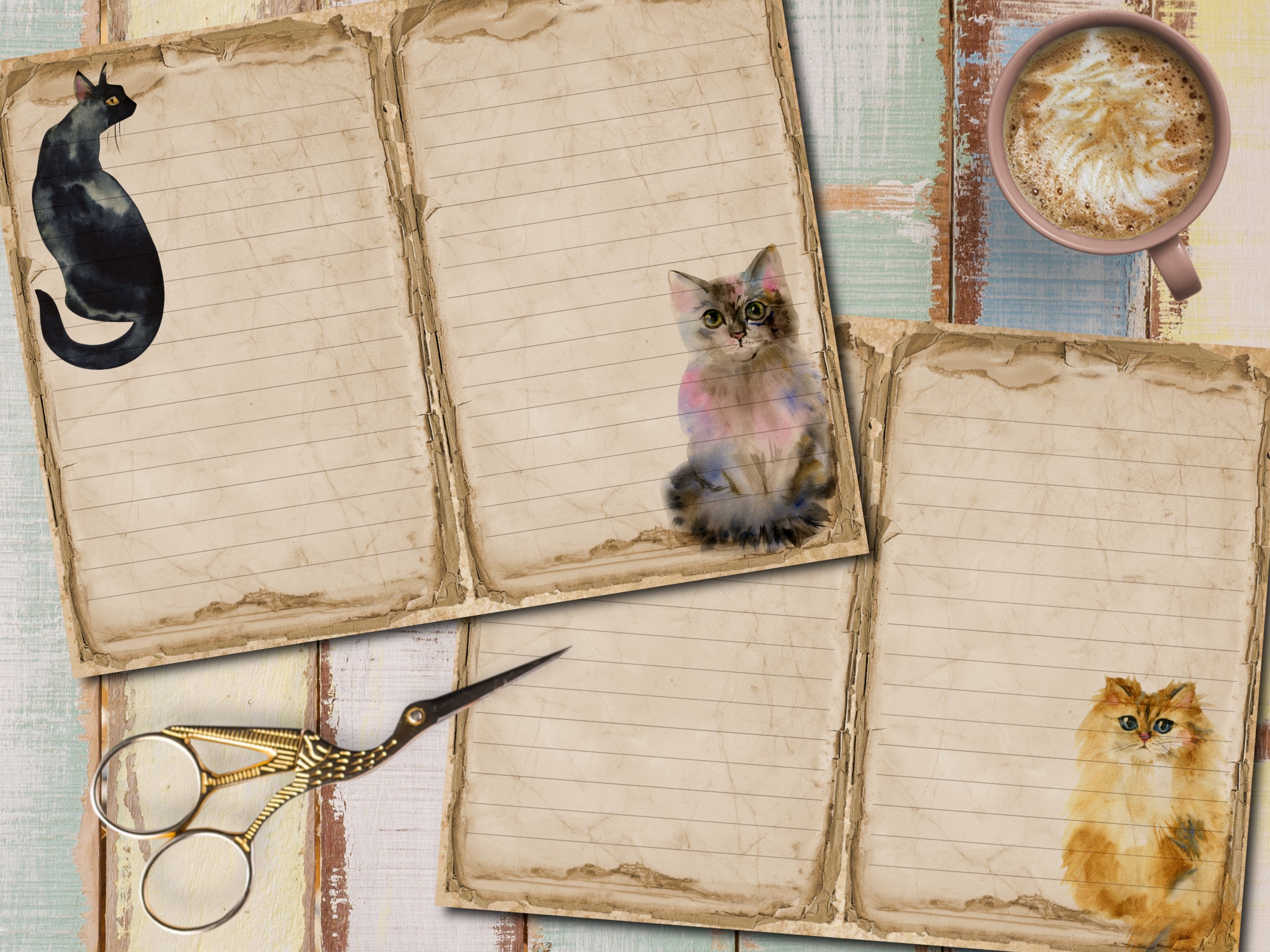 DIGITAL Cat Junk Journal Kit – Printable Vintage Lined Pages - Etsy