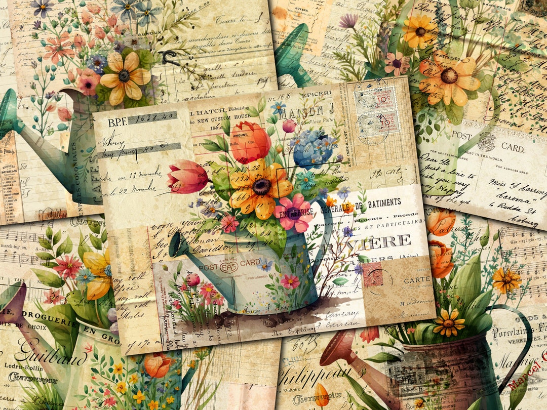 Junk Journal Printable, Watercolor Floral Watering , Floral Watering ...