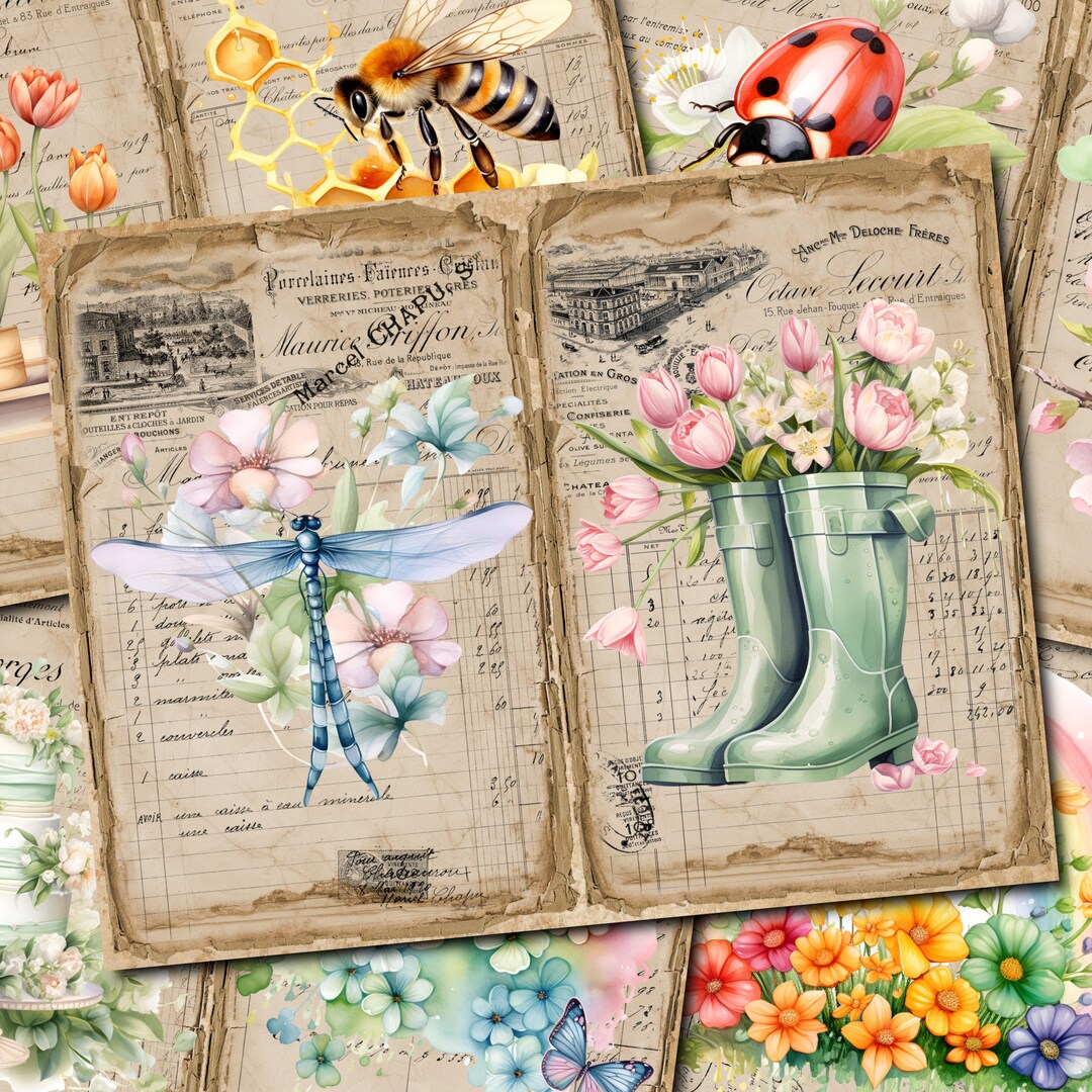 Watercolor Spring Junk Journal, Flowers, Vintage Junk Journal, Ladybug ...