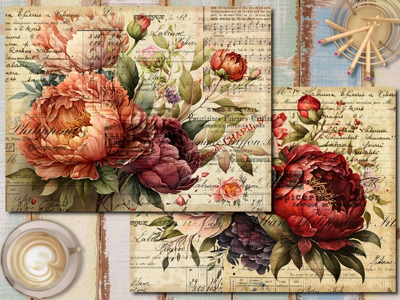Vintage Peony Collage Papers: Junk Journal Printable (digital Download ...