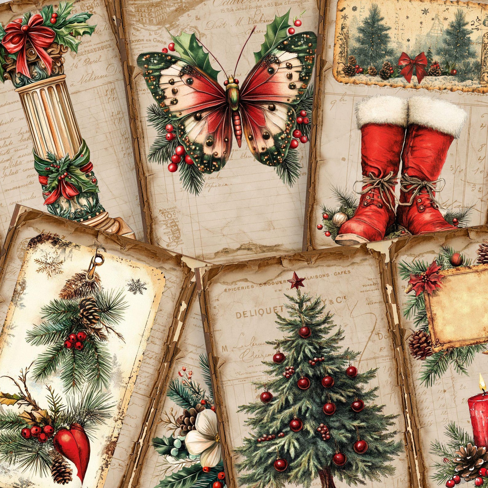 Old-fashioned Christmas Digital Paper | 5 Vintage Scrapbooking Pages ...