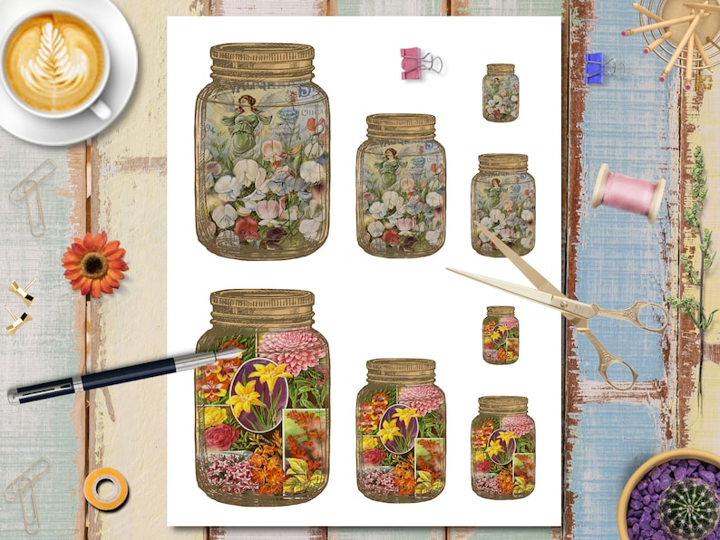 Floral Mason Jar Ephemera: Vintage Junk Journal Printables (digital ...