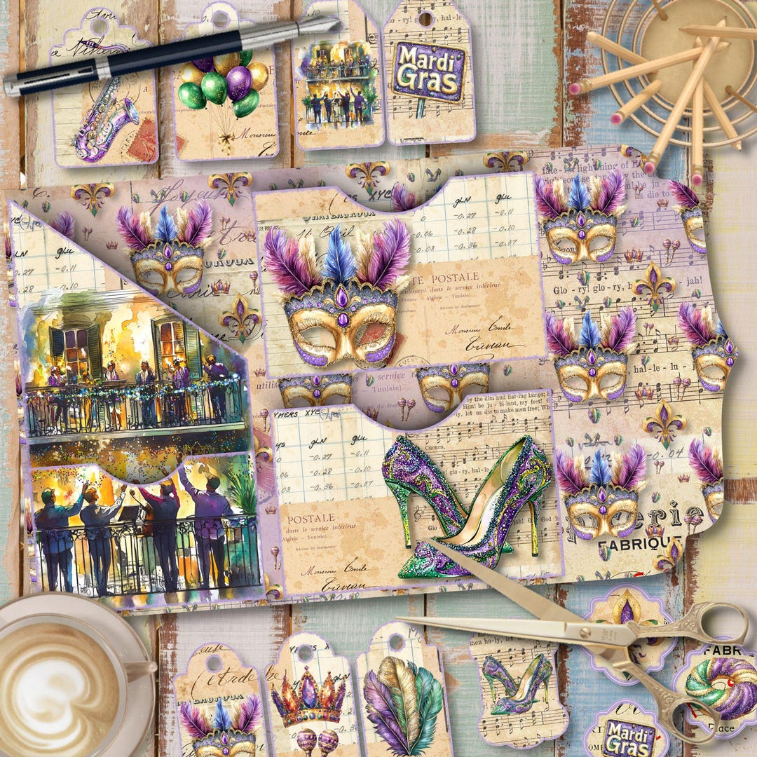 Glittery Mardi Gras Junk Journal Kit: Printable Folio, Tags, Cards ...
