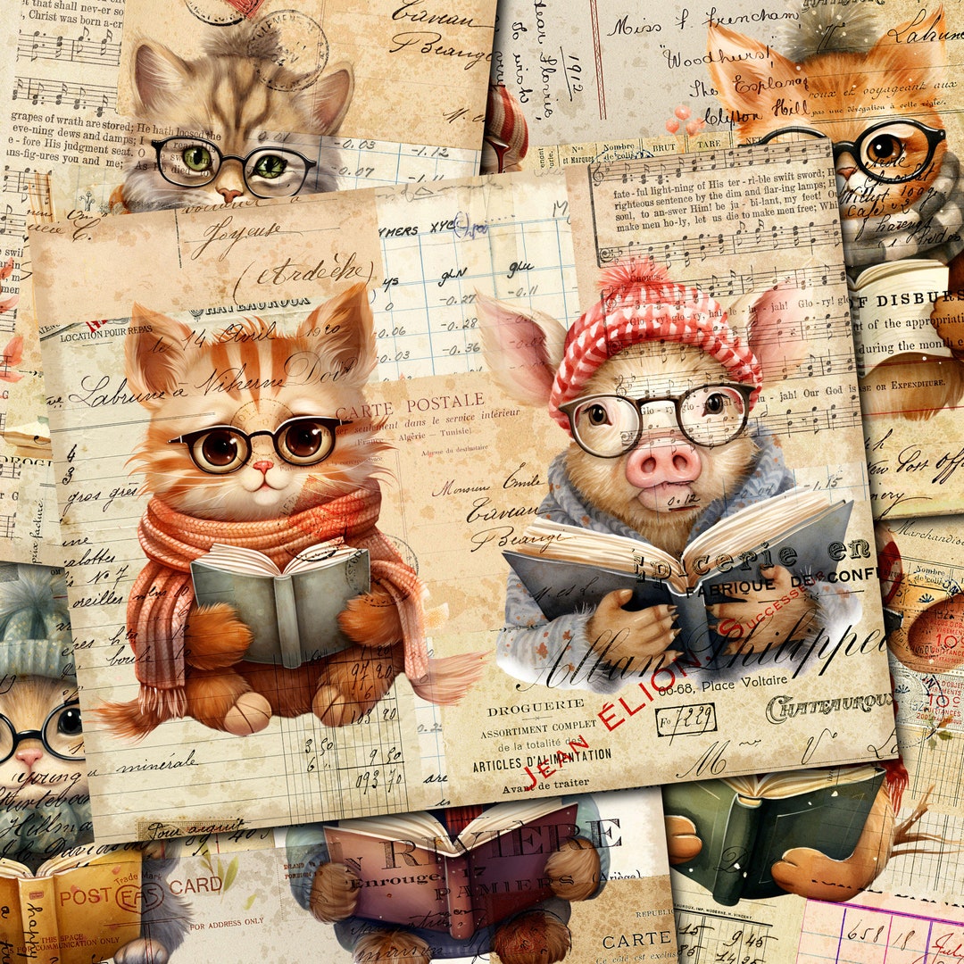 Cute Animals Junk Journal Pages, Digital Cat Kit, Cute Pig Printable ...