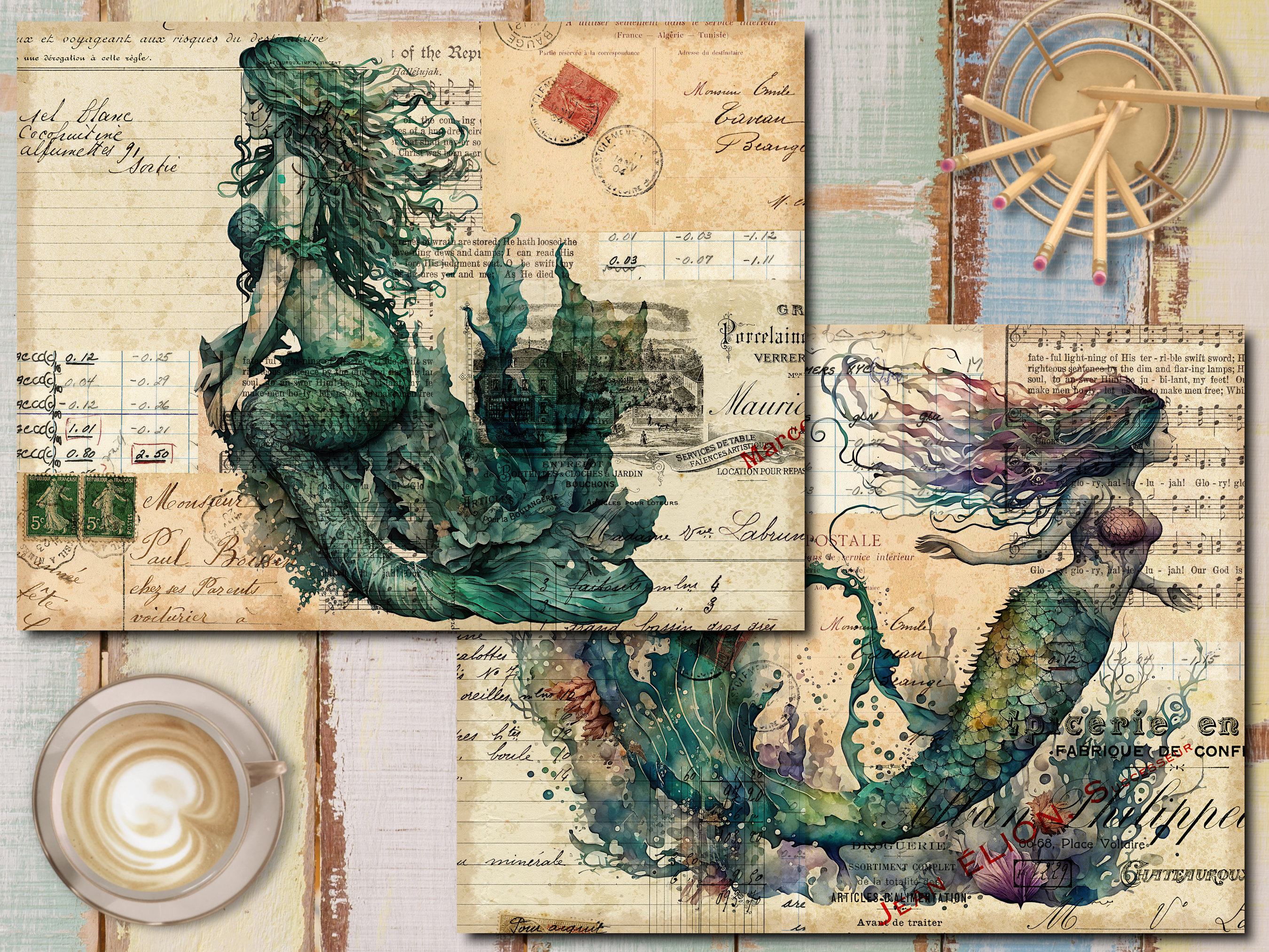 Vintage Mermaid Junk Journal Papers: Printable Digi Kit (digital ...