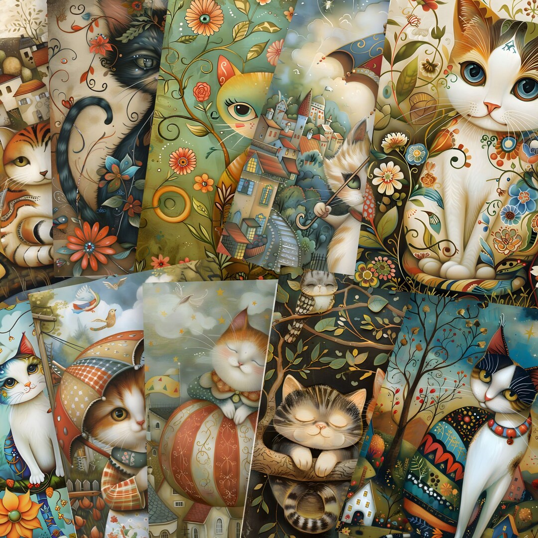 Whimsical Cats Junk Journal Kit: Magical Cat-themed Papers (JPG, PDF ...