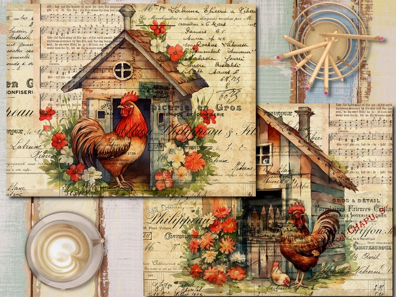 Vintage Rooster Junk Journal Papers: Chicken Coop Ephemera (digital ...