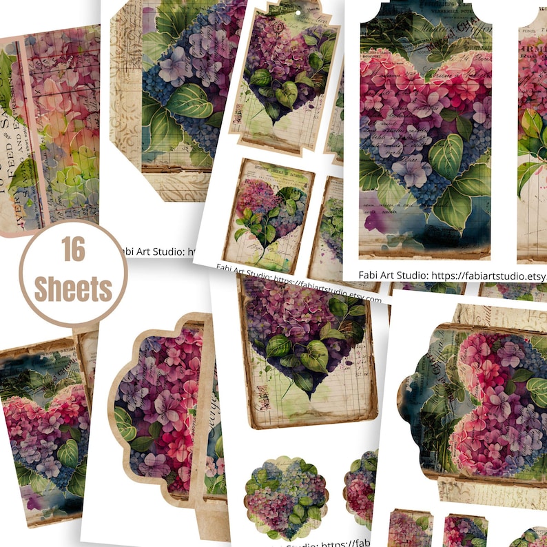 Hydrangea Junk Journal Kit: Printable Ephemera, Tags, Cards (digital ...