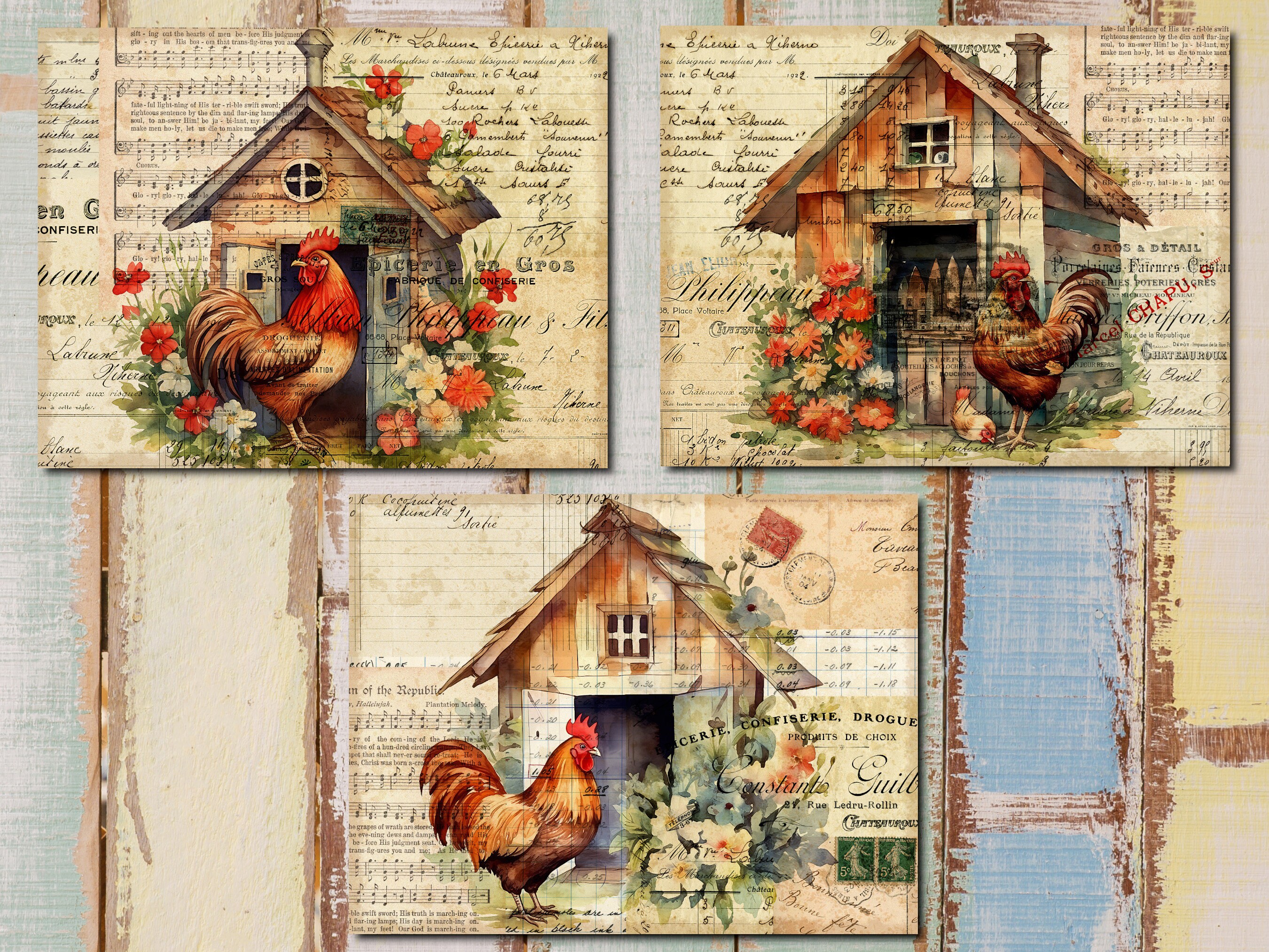 Vintage Rooster Junk Journal Papers: Chicken Coop Ephemera (digital ...