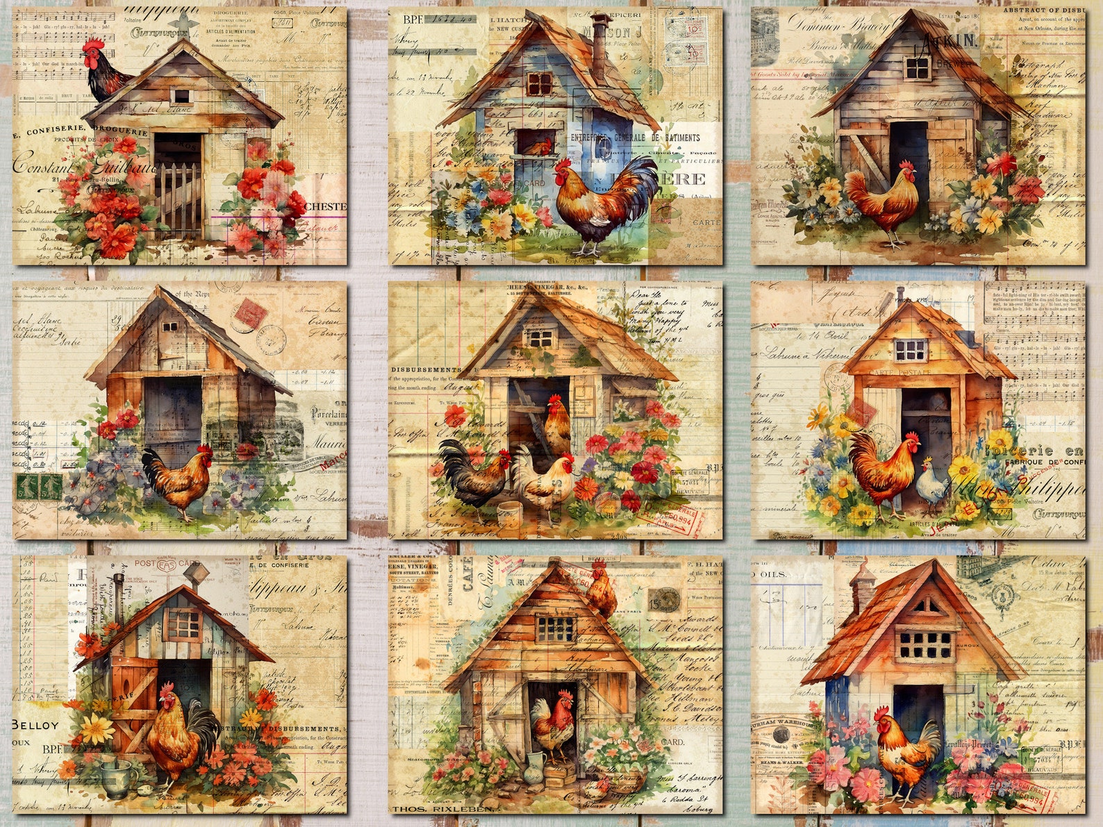Vintage Rooster Junk Journal Papers: Chicken Coop Ephemera (digital ...