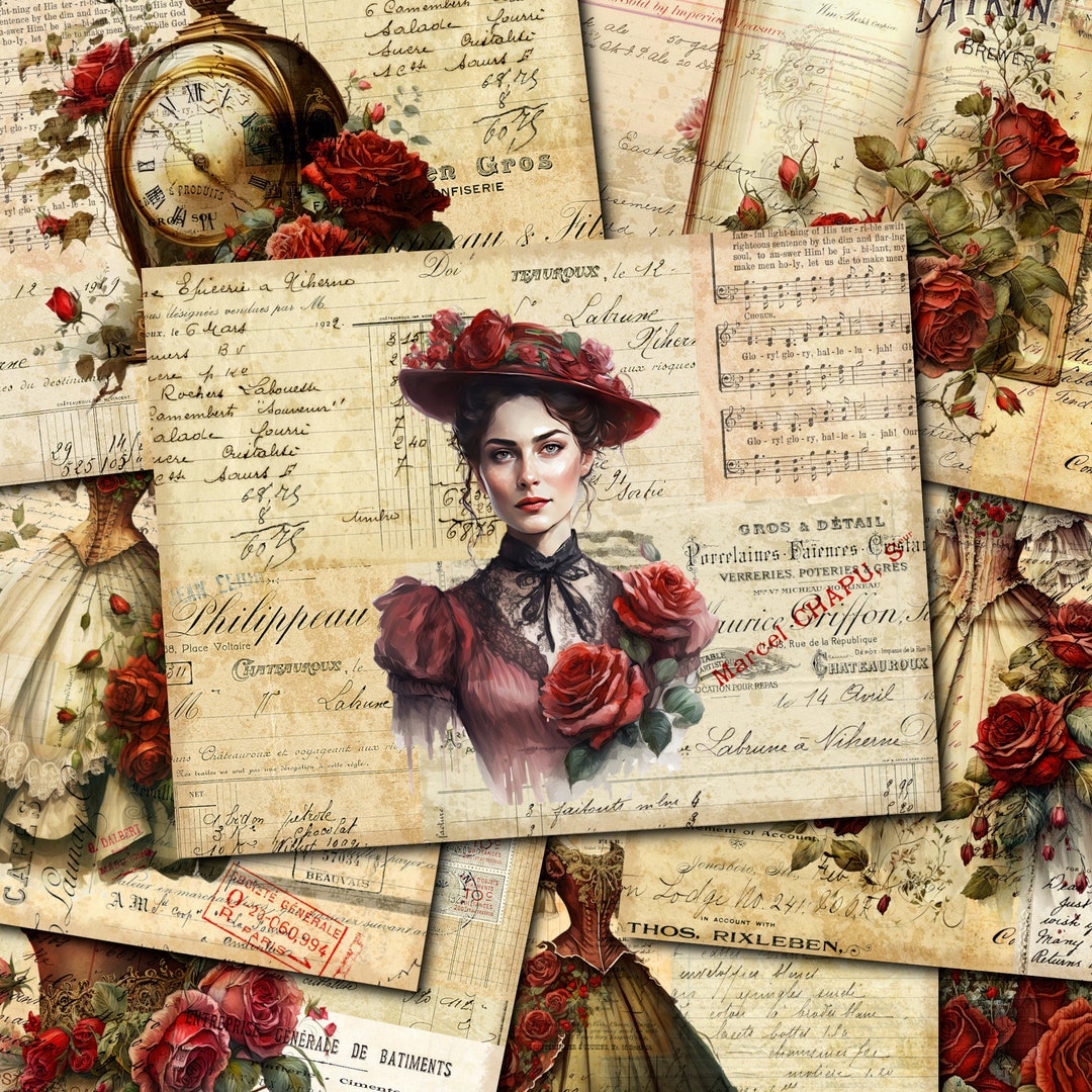 Junk Journal Printable, Vintage Red Roses , Vintage Journal Papers, Red ...
