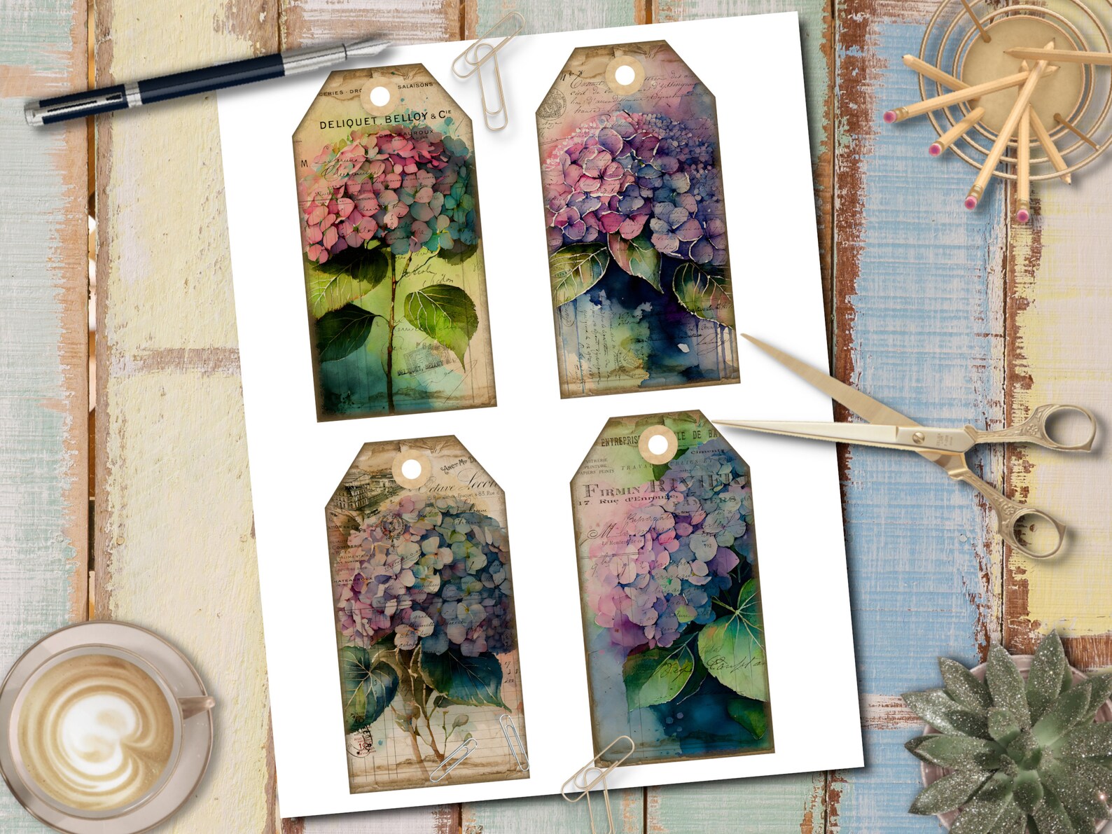 Hydrangea Junk Journal Tags: Vintage Flower Ephemera (digital Download ...