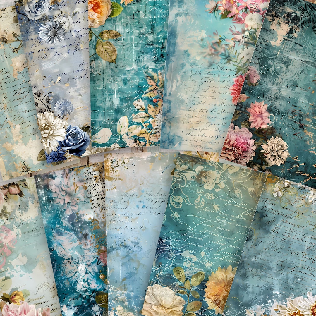 16 Vintage Blue Flowers Journal Pages, Junk Journal Kit, Basic Paper ...
