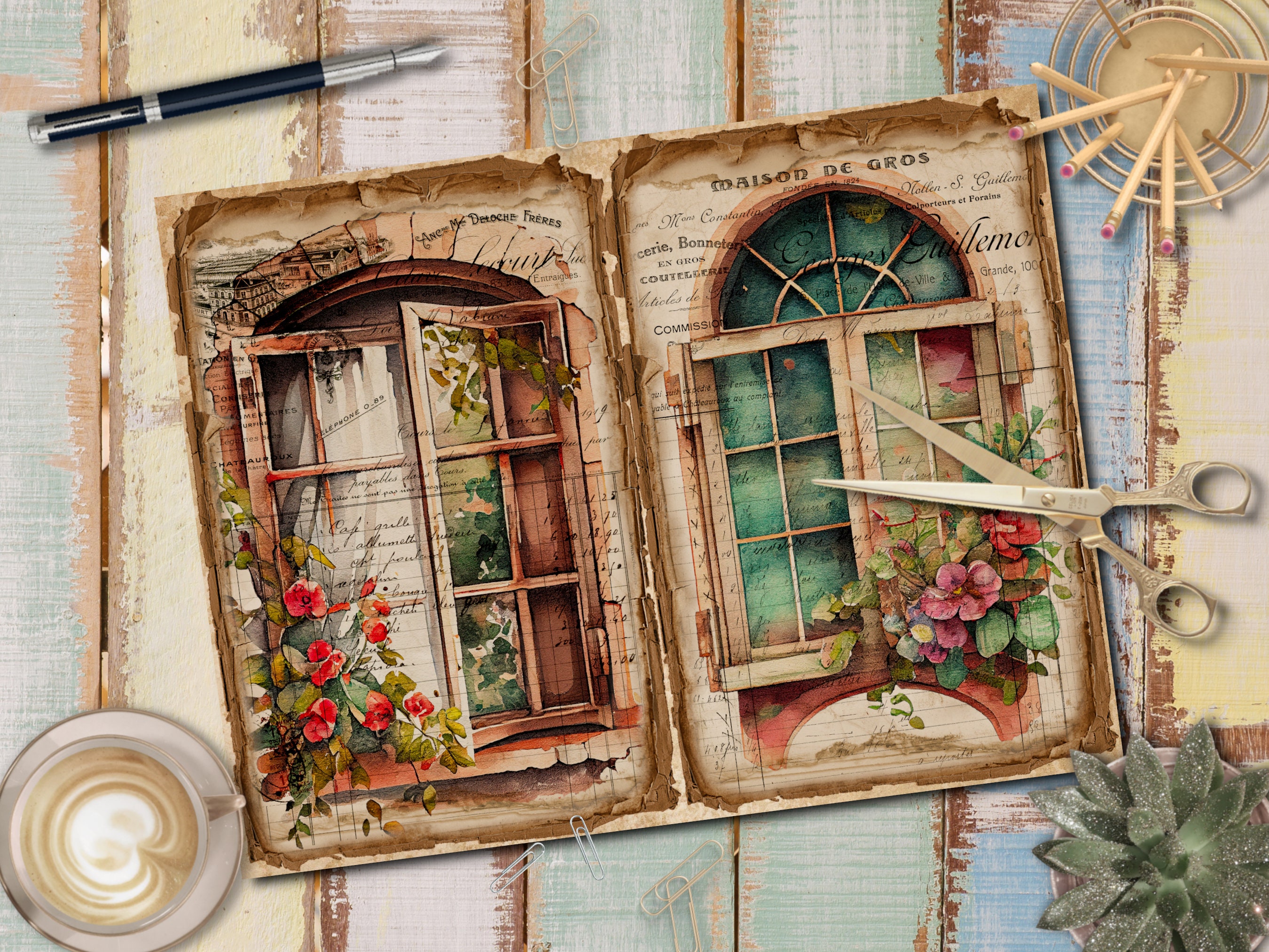 Floral Window Junk Journal Kit Vintage Journal Pages Flower - Etsy