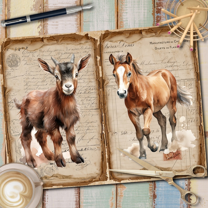DIGITAL Farm Animals Junk Journal Kit – Vintage Double Pages Printable ...