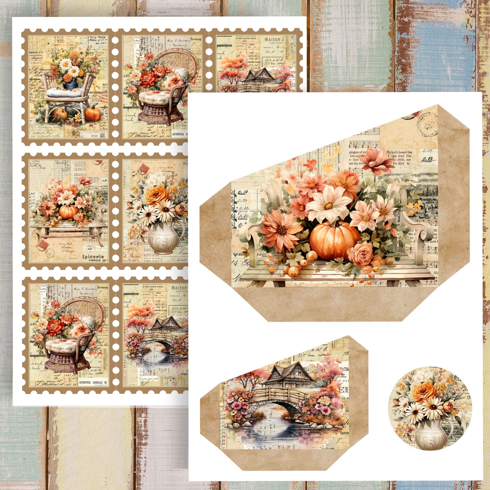 Vintage Autumn Junk Journal Kit – Fall Ephemera, Pumpkin Cards (digital ...
