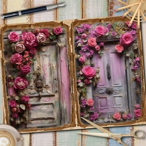 Junk Journal Printable, Wooden Doors With Magenta Roses, Journal Pages ...