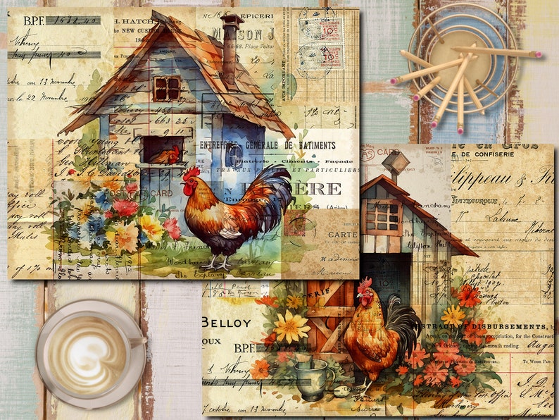 Vintage Rooster Junk Journal Papers: Chicken Coop Ephemera (digital ...