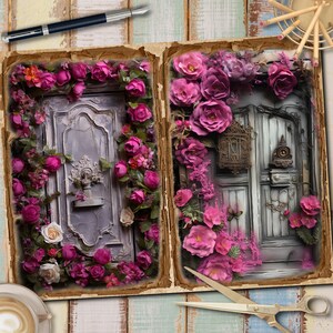 Junk Journal Printable, Wooden Doors With Magenta Roses, Journal Pages ...