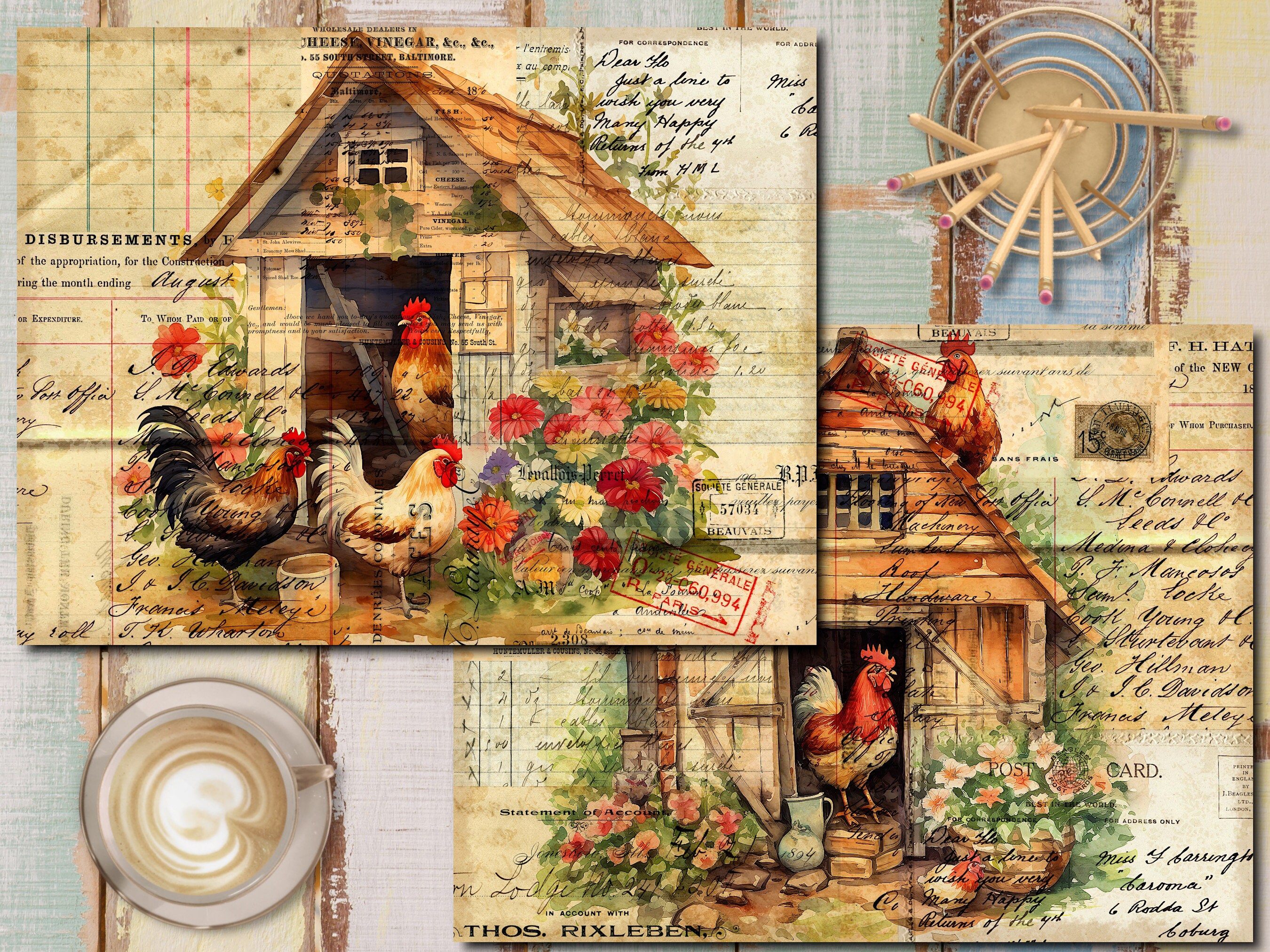 Vintage Rooster Junk Journal Papers: Chicken Coop Ephemera (digital ...