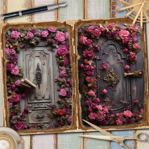 Junk Journal Printable, Wooden Doors With Magenta Roses, Journal Pages ...