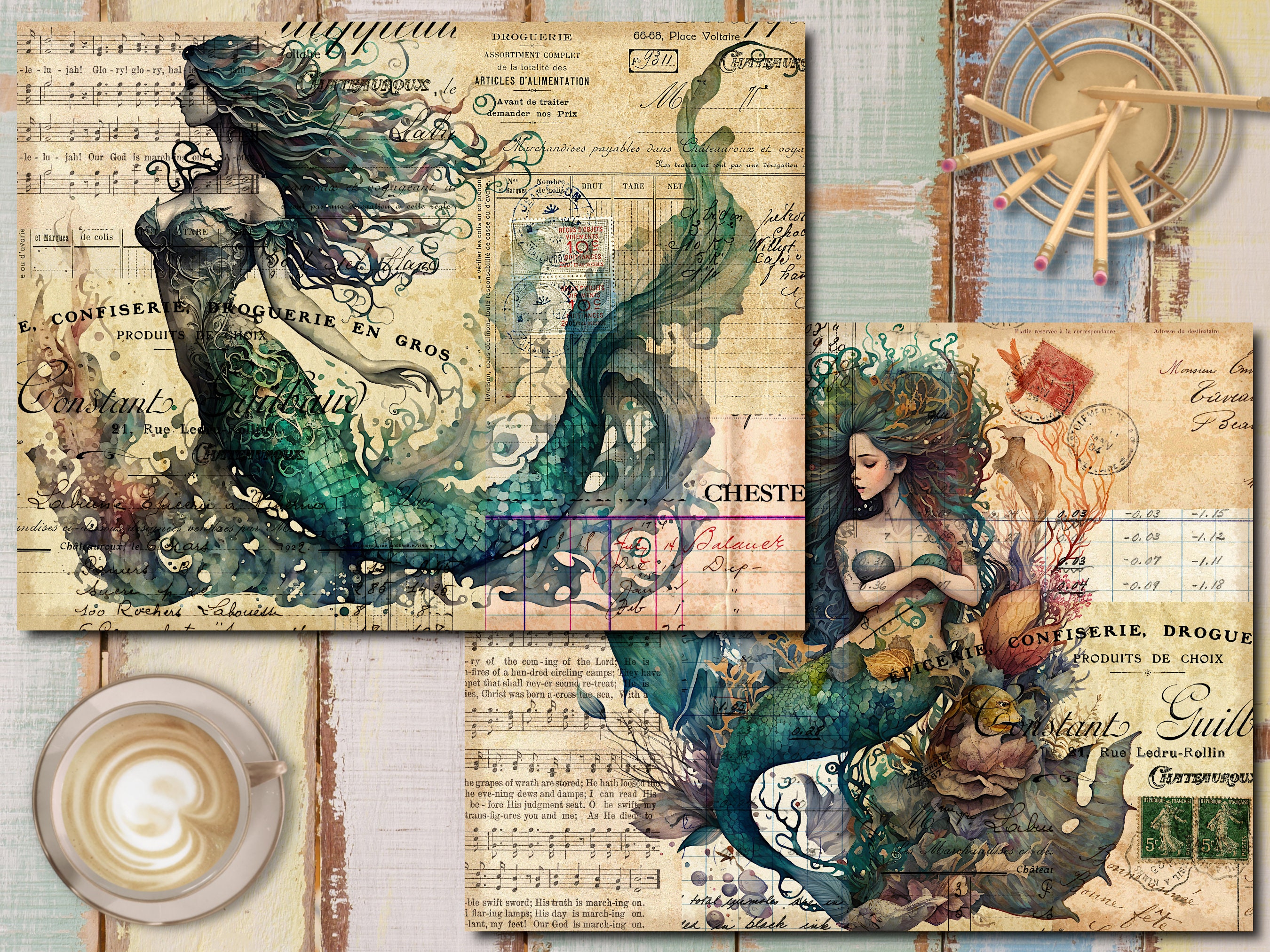 Vintage Mermaid Junk Journal Papers: Printable Digi Kit (digital ...