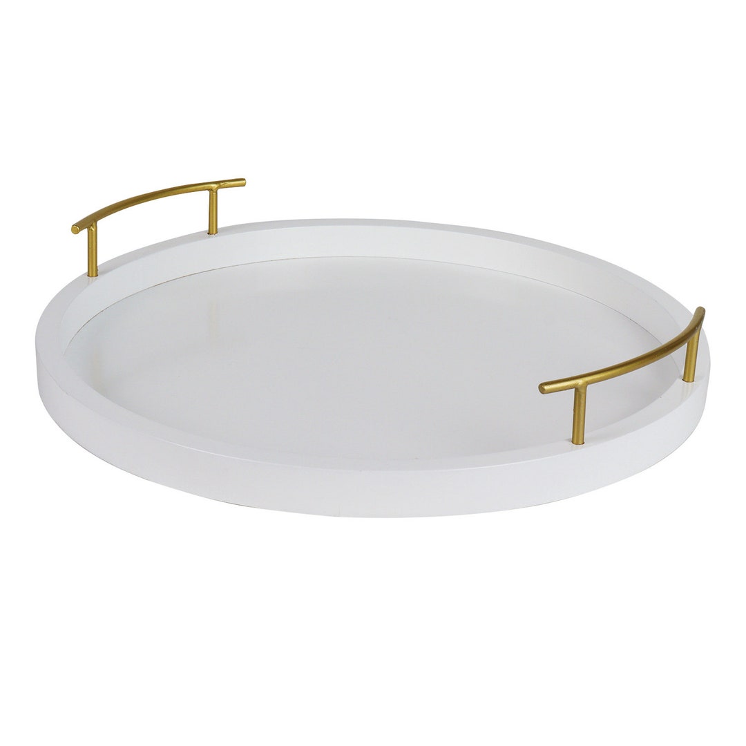 Circular White Wood Tray With Circular Gold Metal Handles for Parties ...