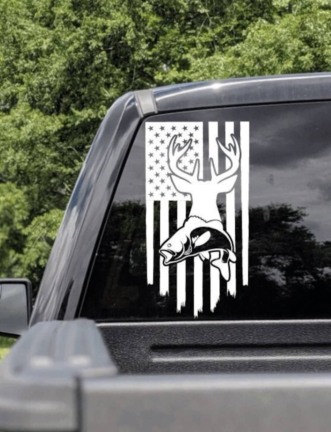 Deer Head & Bass Fish US Flag Decal: Hunting Fishing Car Truck Sticker ...