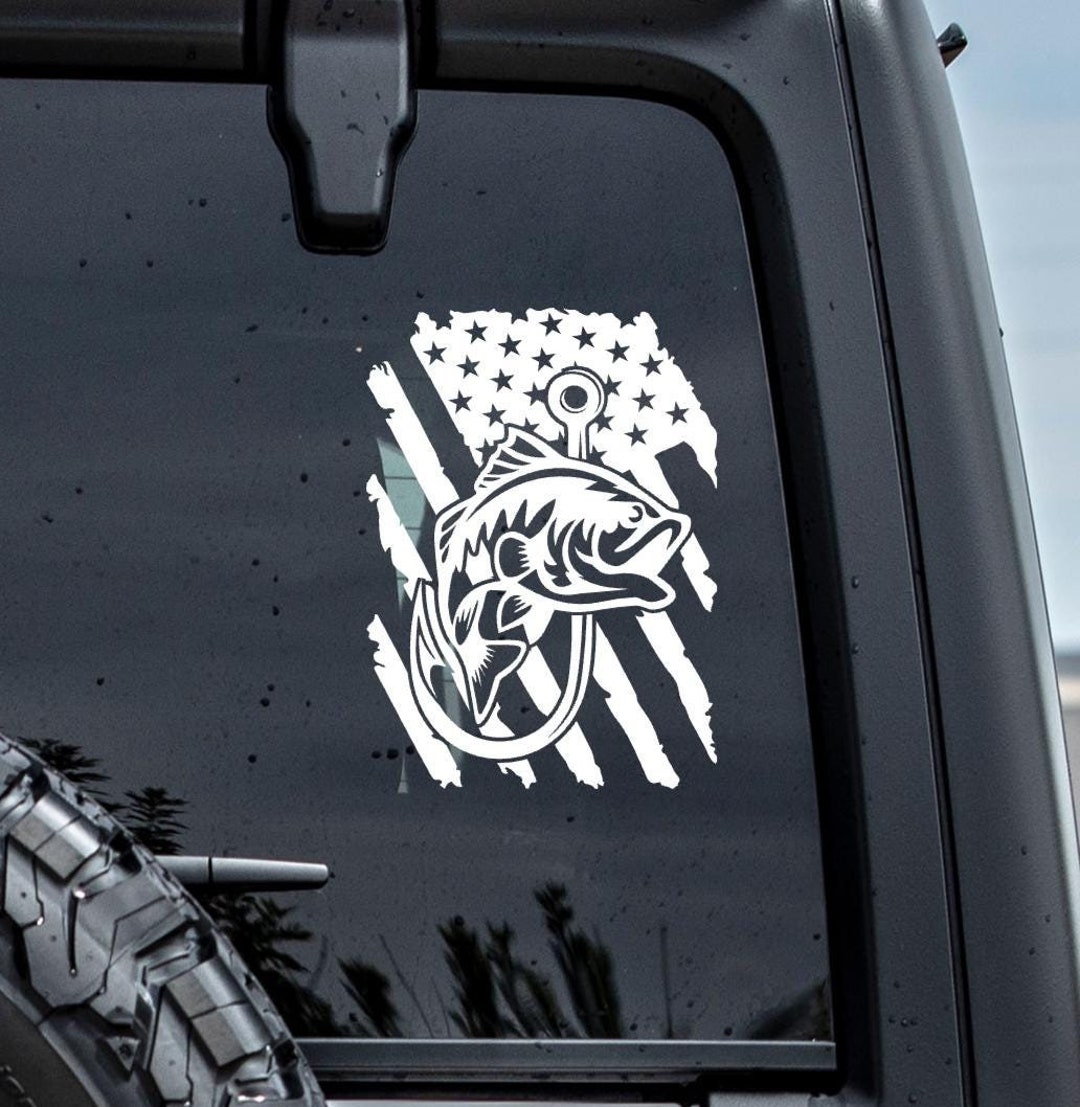 U.S. Flag With Bass Fish and Hook Truck Decal, Bass Fishing Truck Decal ...