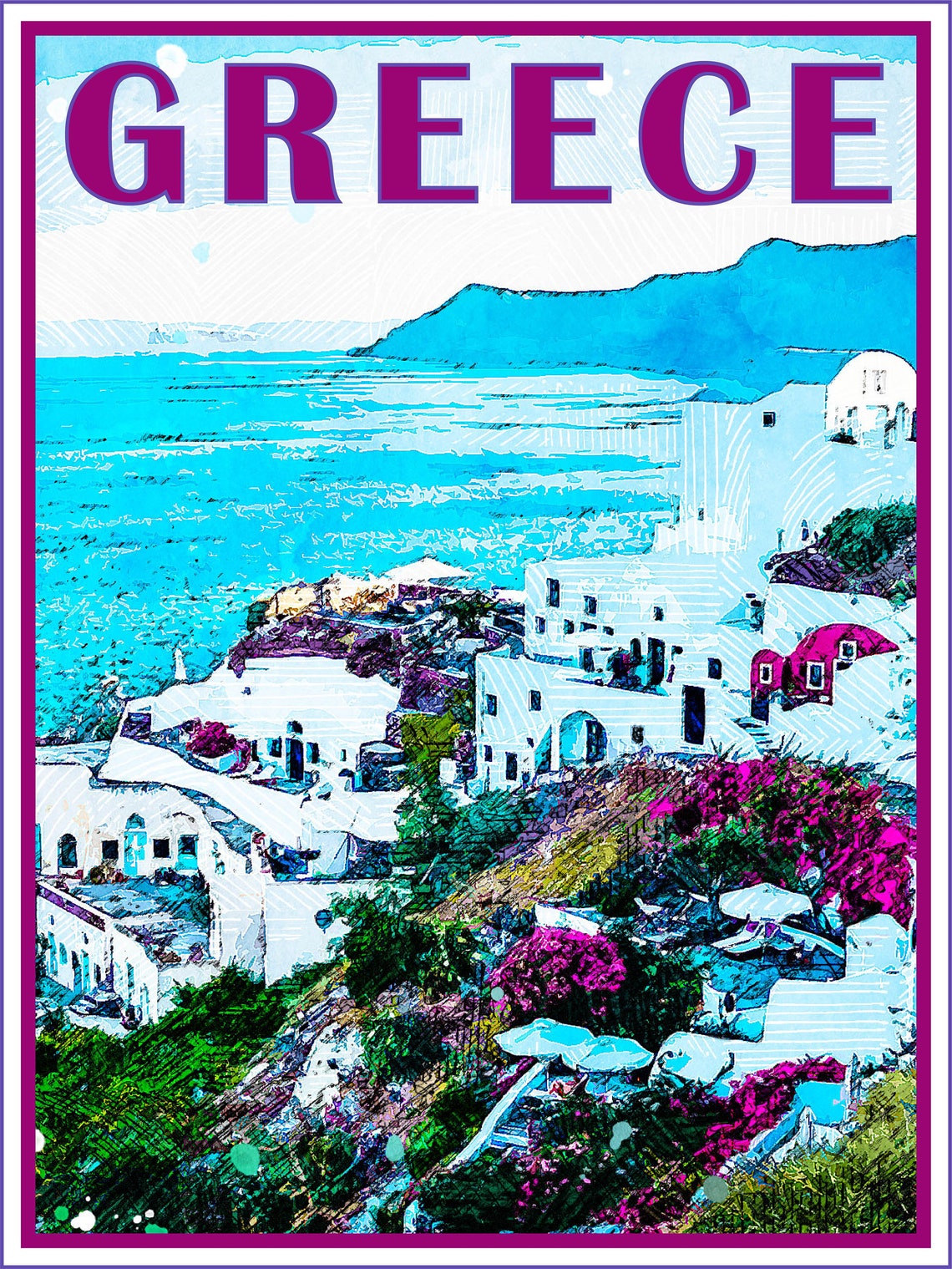 Greece Travel Poster, Vintage Serigraph Style Poster, Wall Art, Travel ...