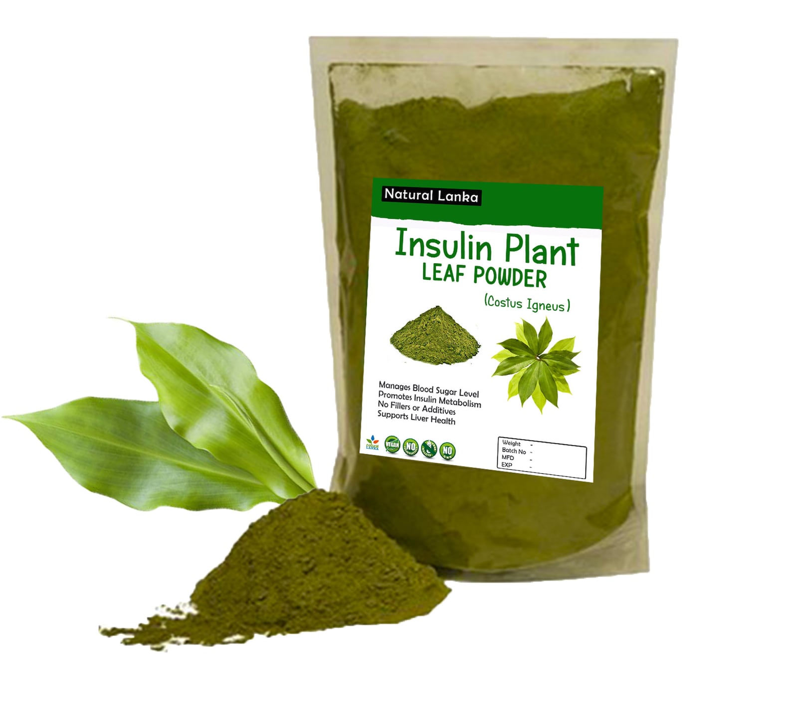 Organic Insulin Plant Leaves Powder Costus Igneus Best Herbal Teano Artificial Ingredients And