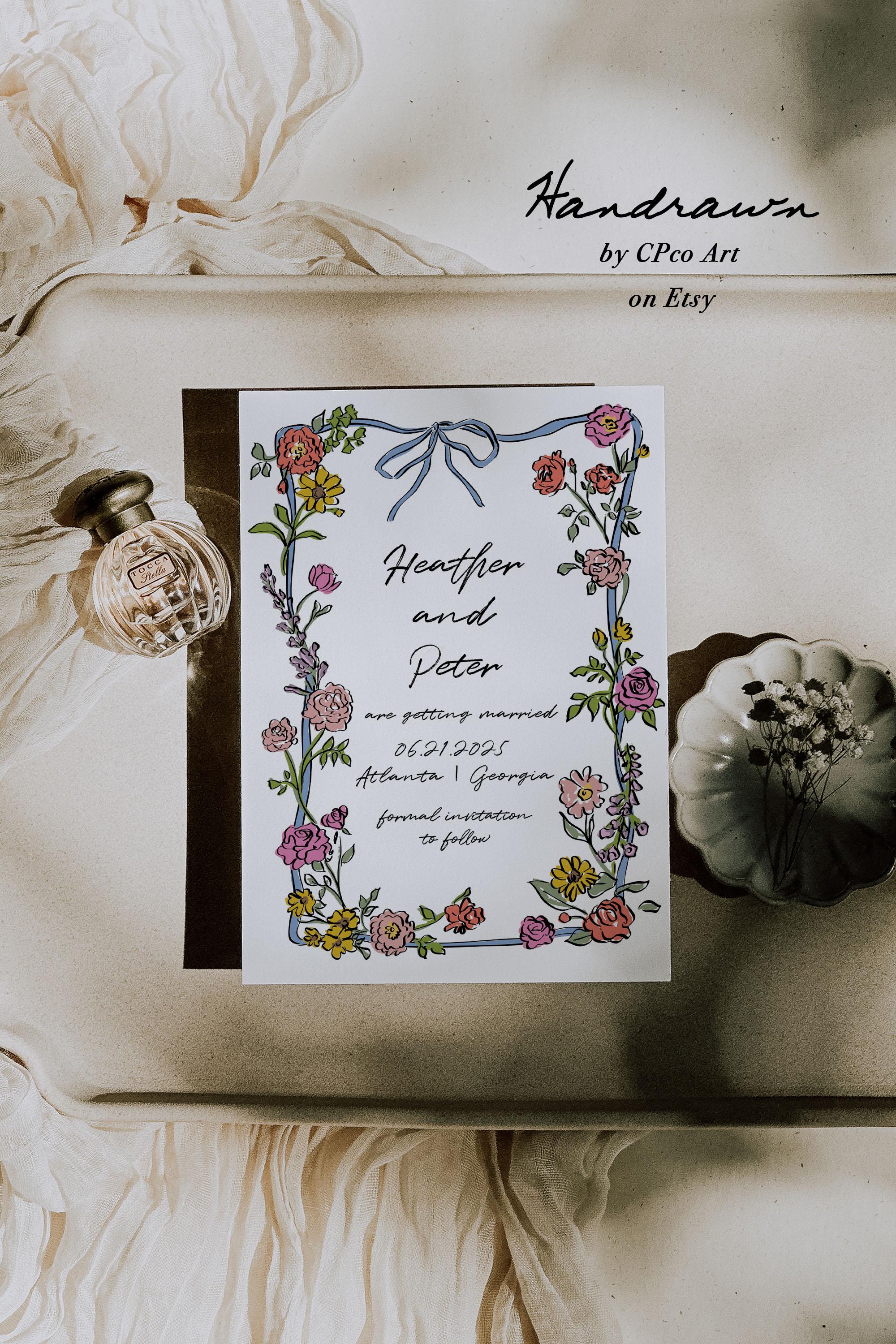 Hand Drawn Whimsical Flower Ribbon Frame Illustrations PNG, Invitation ...