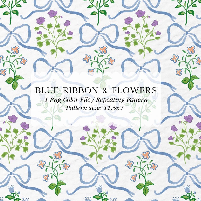Grandmillennial Blue Ribbon Multiple Flower Watercolor Clipart ...