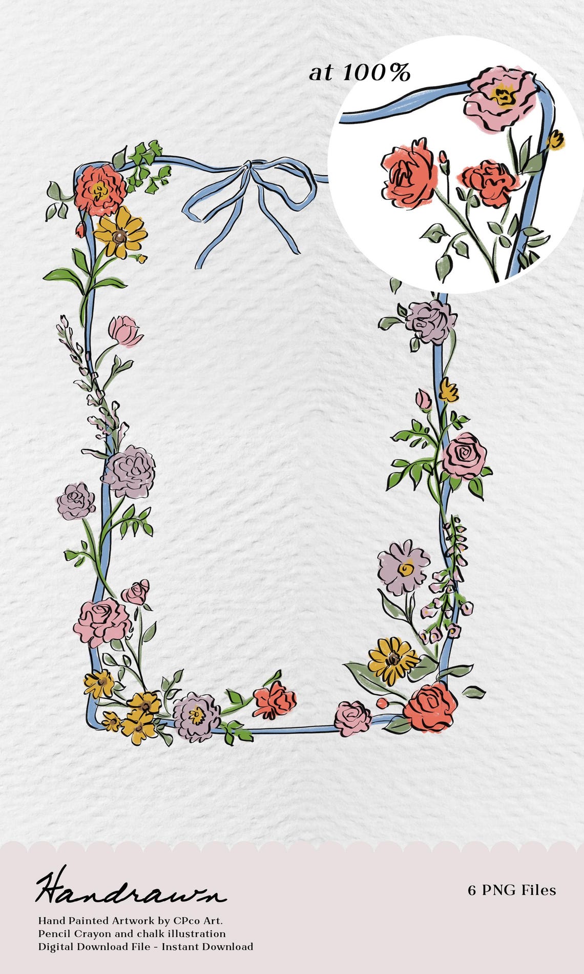 Hand Drawn Whimsical Flower Ribbon Frame Illustrations PNG, Invitation ...