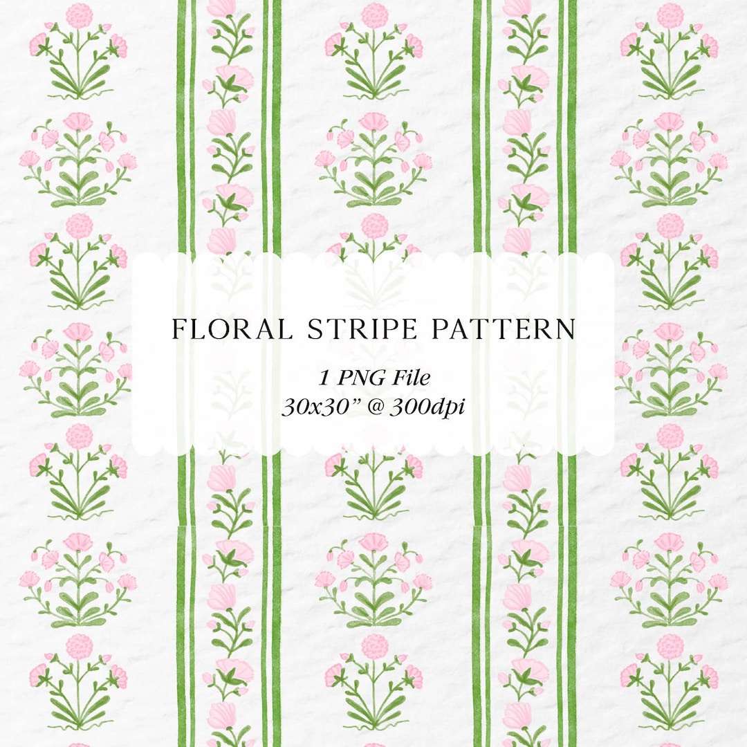 Grandmillennial Green Stripe Pink Flowers Watercolor Clipart ...