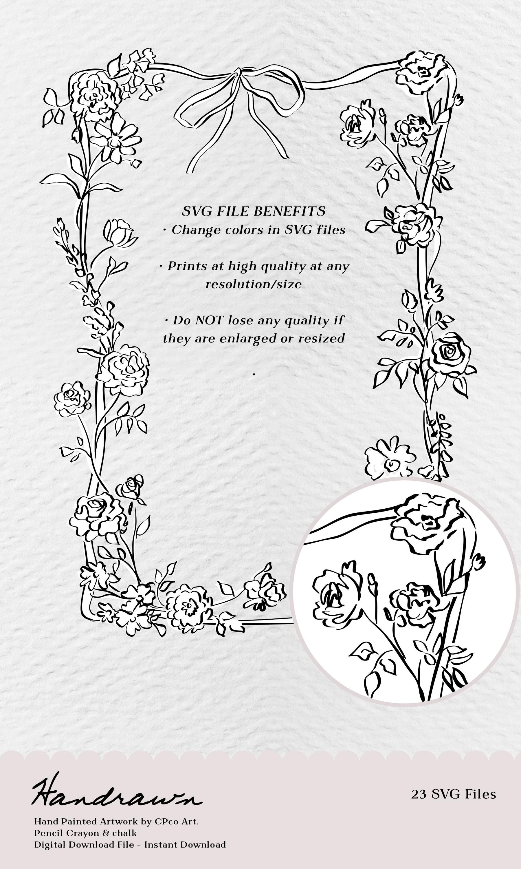 Hand Drawn Whimsical Flower Ribbon Frame Illustrations, Line Drawing ...