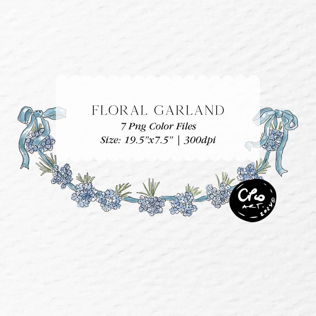 Hand Drawn Floral Garland Bow Illustration PNG, Ribbon Bow Garland in ...